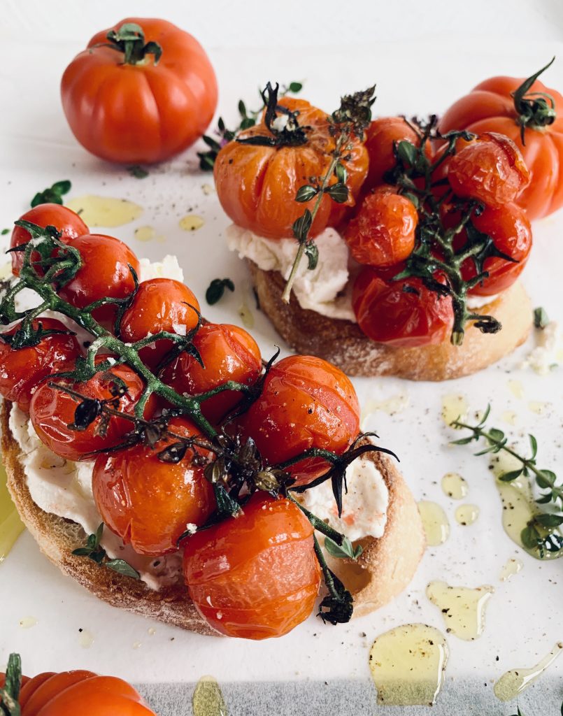 Roasted Heirloom And Vine Tomato Toasts With Thyme And Goats Curd